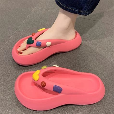 여성용 러브 보석 장식 비치 슬리퍼 달콤한 캐주얼 플립 플롭 여름 플랫폼 야외 미끄럼 방지 소프트 Eva 슬라이드 패션