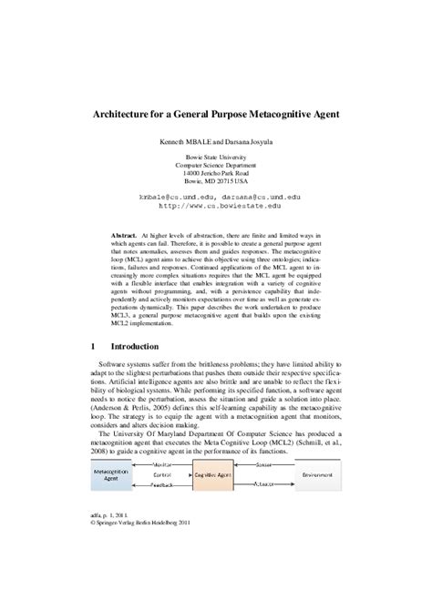 pdf architecture for a general purpose metacognitive agent