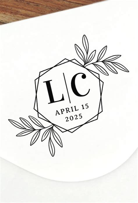 Elegant Monogram Hexagon Border Greenery Leaves Rubber Stamp
