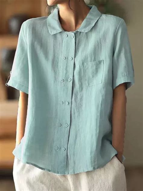 Solid Color Loose Doll Collar Casual Cotton Linen Shirt Linen Short