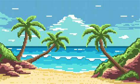Pixel Tropical Beach With Palm Trees Background Blank Yellow Sandy