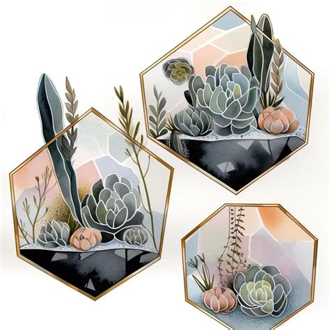 Three Hexagonal Plates With Succulents And Plants In Them Premium Ai Generated Image