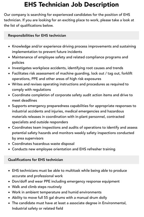 Ehs Technician Job Description Velvet Jobs