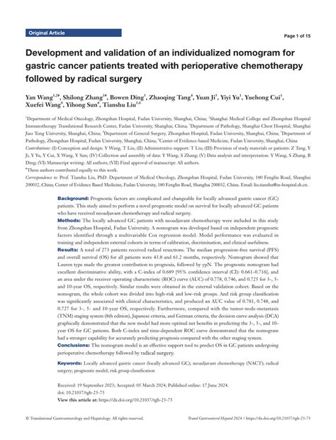 Pdf Development And Validation Of An Individualized Nomogram For Gastric Cancer Patients