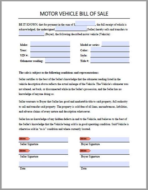 Motor Vehicle Bill Of Sale Template Printable Form