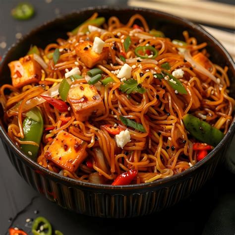 Schezwan Hakka Noodles With Paneer Or Cottage Cheese Served In A Bowl