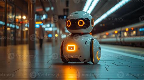 A Small Robotic Assistant Stands On The Platform Of A Transportation