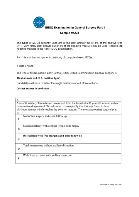 Part 1 Types Of Mcqs April 2021 Ebsq Examination In General Surgery