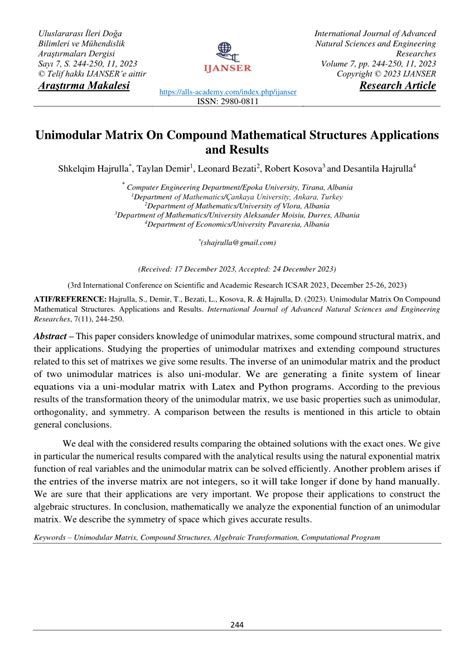 Pdf Unimodular Matrix On Compound Mathematical Structures Applications And Results
