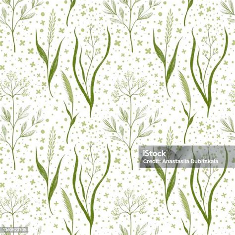 Green Handdrawn Wild Grasses On A White Background Seamless Pattern