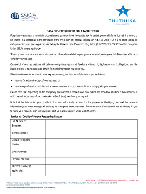 Fillable Online Data Subject Request For Erasure Form Fax Email Print