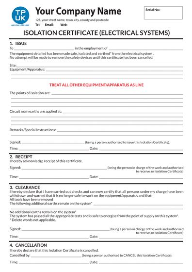Electrical Isolation Certificate Eic Template For Print