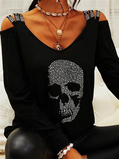 Womens T Shirts Skull V Neck Off Shoulder Long Sleeve T Shirt Black S