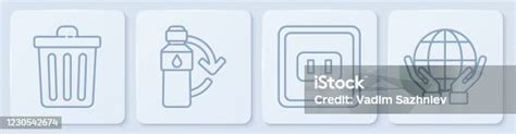 세트 라인 휴지통 전기 콘센트 재활용 플라스틱 병과 지구 지구를 들고 손을 흰색 사각형 버튼입니다 벡터 세계적인에 대한 스톡 벡터 아트 및 기타 이미지 Istock
