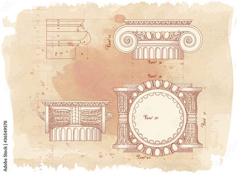 Hand Draw Sketch Ionic Architectural Order And Vintage Watercolor Stock Hand Draw Sketch Ionic Architectural Order And Vintage Watercolor Stock