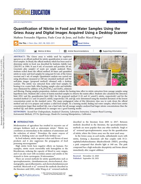 Pdf Quantification Of Nitrite In Food And Water Samples Using The Griess Assay And Digital