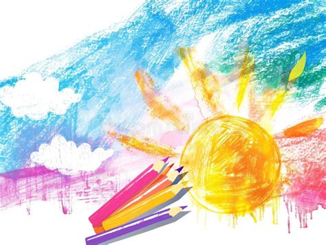 Summer Background In A Colorful Crayon Style Stock Illustration