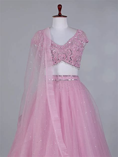 Light Pink Net Lehenga Choli With Mirror And Stone