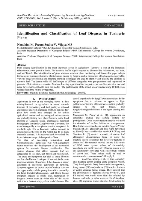 Identification And Classification Of Leaf Diseases In Turmeric Plants Pdf
