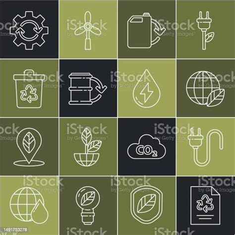 재활용 전기 플러그 지구 지구 및 잎 에코 연료 용기 배럴 휴지통 기어 화살표를 워크플로 및 물 에너지 아이콘으로 라인 용지를 설정합니다 벡터 구름에 대한 스톡 벡터 아트