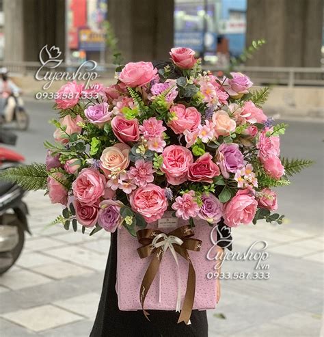 Giỏ Hoa Tone Hồng Hoa Lụa Uyên Shop