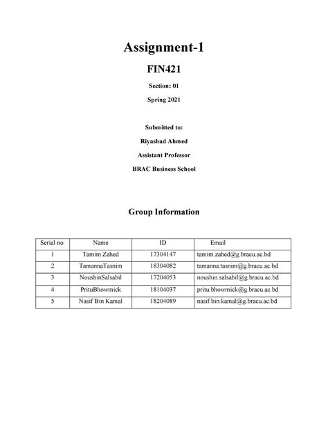 Fin421 Group Assignment Assignment Fin Section 01 Spring 2021