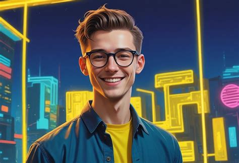 A Man Wearing Glasses And A Yellow Shirt Is Smiling And Has A Picture