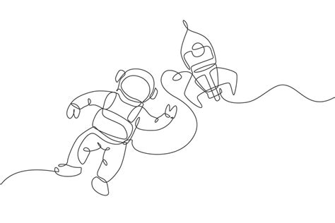 One Single Line Drawing Of Astronaut In Spacesuit Floating And Discovering Deep Space With