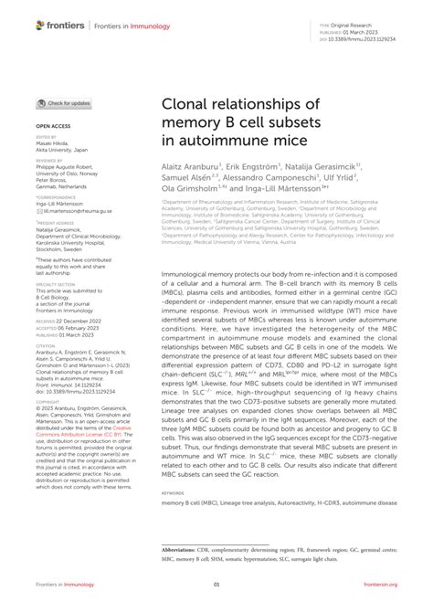 Pdf Clonal Relationships Of Memory B Cell Subsets In Autoimmune Mice