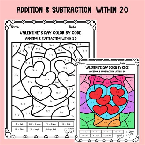 Valentines Day Math Color By Code Addition And Subtraction Within 20