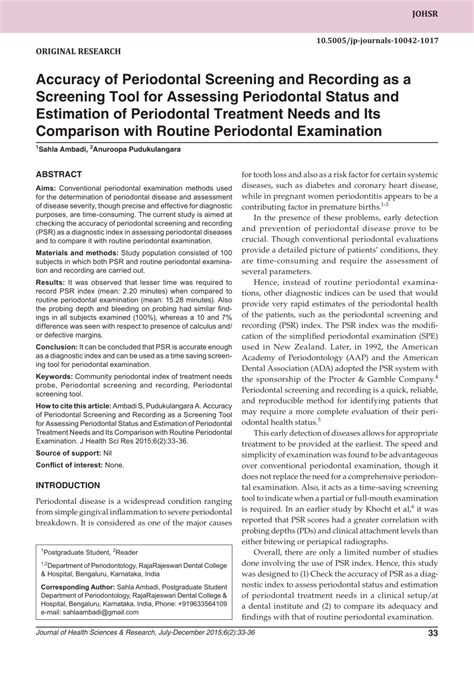 Pdf Accuracy Of Periodontal Screening And Recording As A Screening