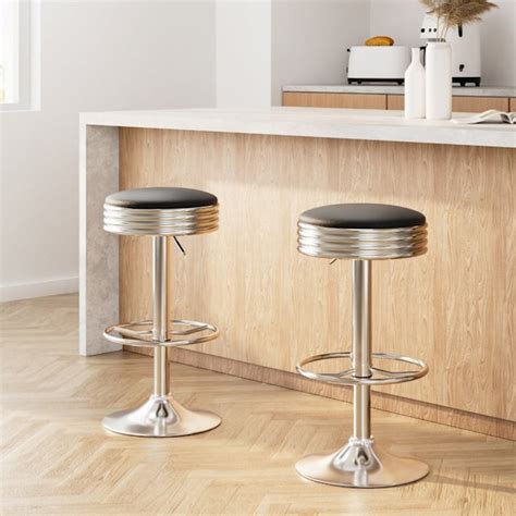 Set Of 2 Backless Pu Leather Bar Stools Black And Chrome Stools