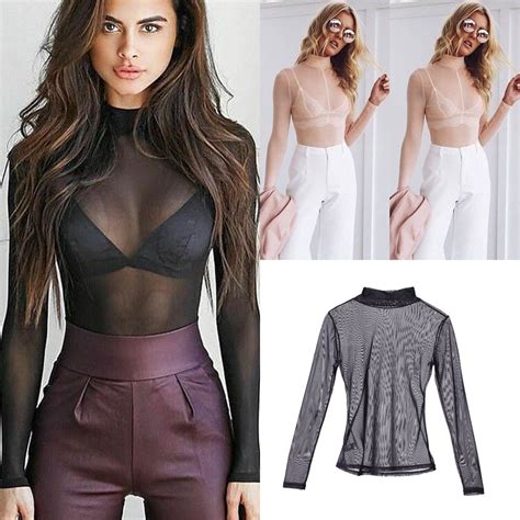 Fashion Women T Shirt Lady See Through Sheer Mesh Long Sleeve Tops