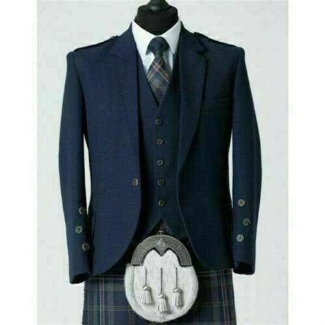Blue Tweed Wool Argyle Kilt Jacket With Vest Scottish Wedding Kilt