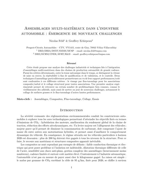 Pdf Multi Material Assemblies In The Automotive Industry New Challenges In French