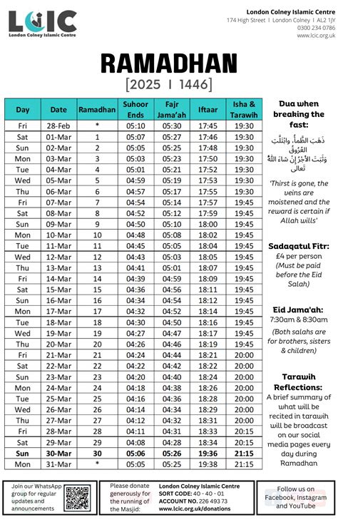 Ramadan 2025 Timetable London Colney Islamic Centre
