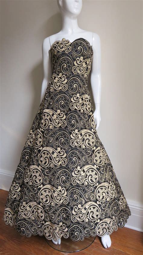 Arnold Scassi Embroidered Lace Silk Strapless Gown 1990s For Sale At