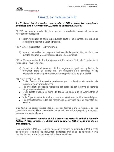 Tarea 2 La Medición Del Pib Pdf Producto Interno Bruto Valor Añadido