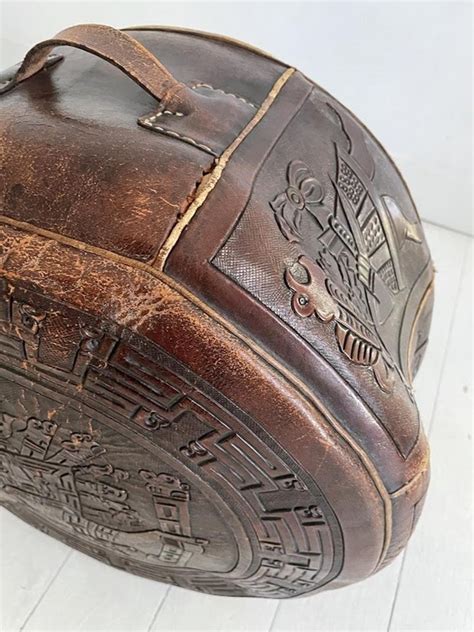 Angel Pazmino Low Brown Leather Pouf Ottoman Mayan Tooled Relief Ecuador 1960s For Sale At 1stdibs