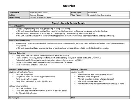 Unit Plan Plants Ubd Example Of A Unit Plan Using Ubd Unit Plan Title Of Unit What Do