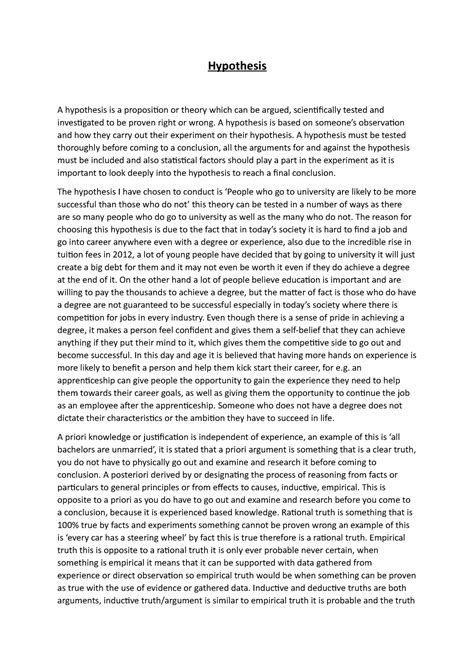 Hypothesis Psychology Essay Hypothesis A Hypothesis Is A Proposition Or Theory Which Can Be