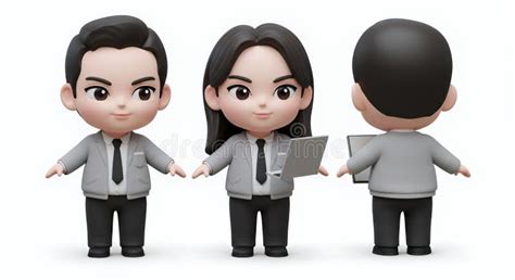 Three Cute 3d Chibi Actors In Grey Suits Isolated On White Background