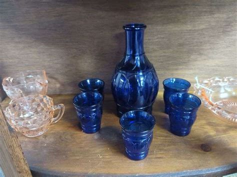 Pink Depression Glass And Cobalt Blue Drink Set Burgess Auctions Llc