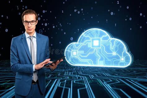 Attractive Businessman Using Mobile Phone With Glowing Cloud Computing Circuit Hologram On Dark