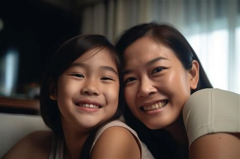 Premium Ai Image Cheerful Asian Daughter Hugging Happy Mother
