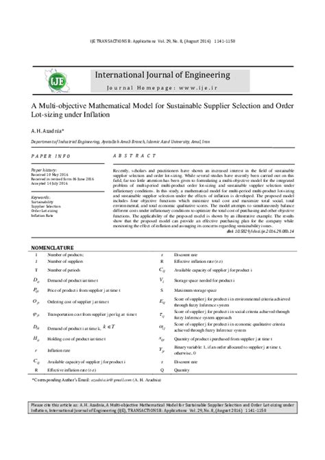 Pdf A Multi Objective Mathematical Model For Sustainable Supplier