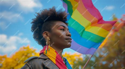 Mulher Com Bandeira Do Arcoris Ao Vento Orgulho Lgbt Mulher Com A
