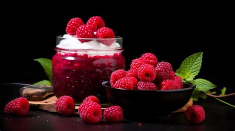 Raspberry And Food With Berry On Black Premium Ai Generated Image