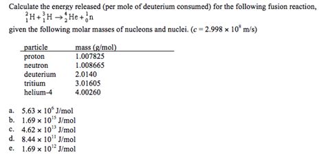 Solved Calculate The Energy Released Per Mole Of Deuteri