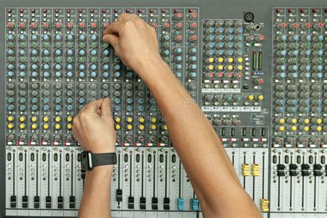 Male Sound Engineer Hands Working On Audio Mixing Console Stock Image Image Of Male